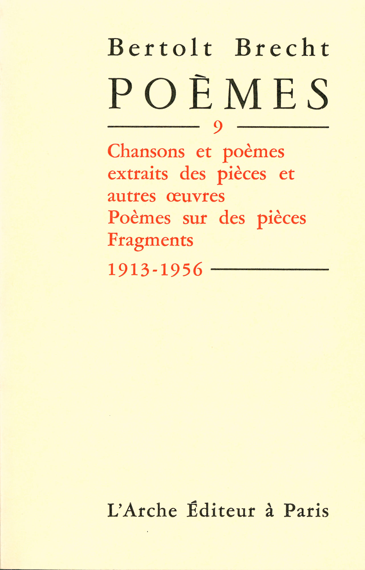 Poèmes - Tome 9 - Bertolt Brecht - L'Arche